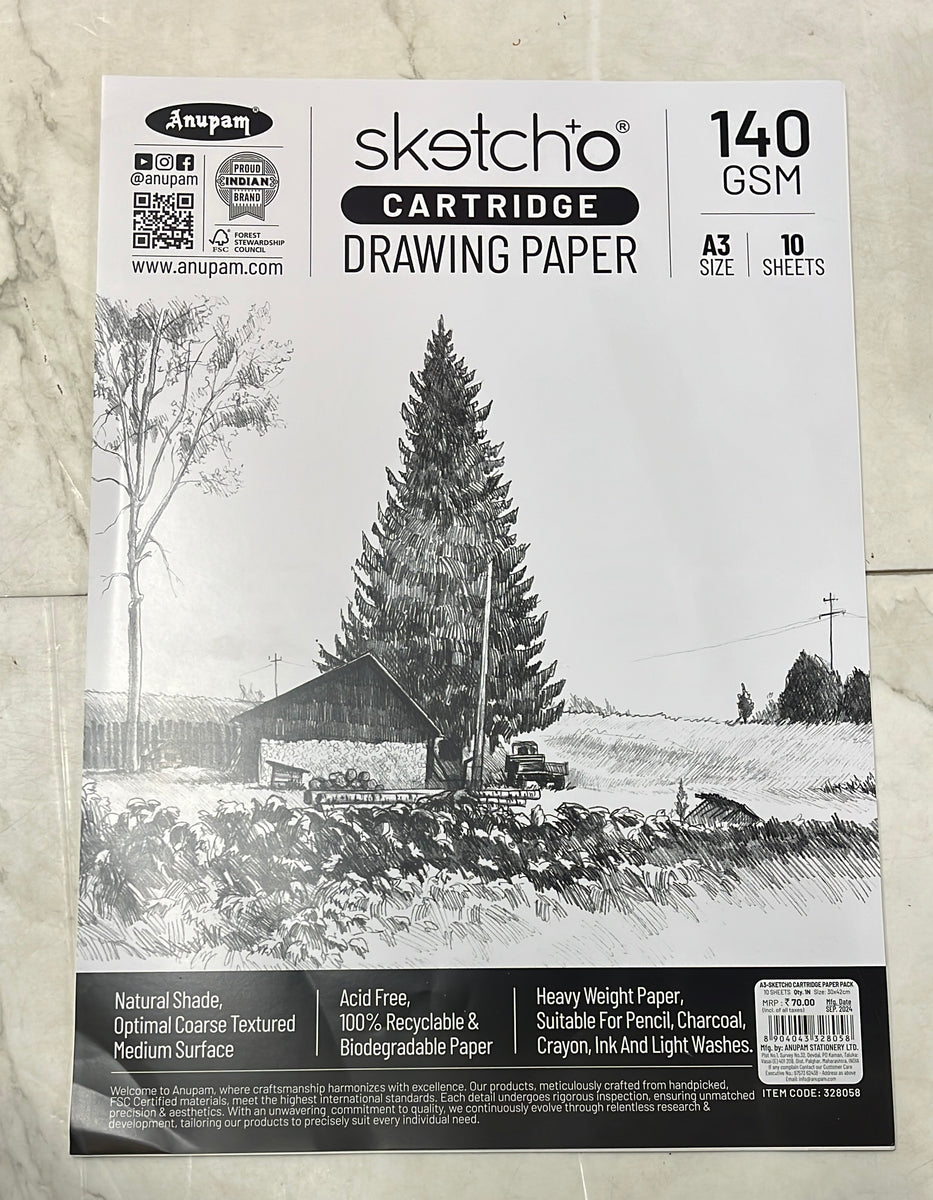 Anupam Sketcho cartridge drawing paper 140gsm A3size 10sheets-1pack ...